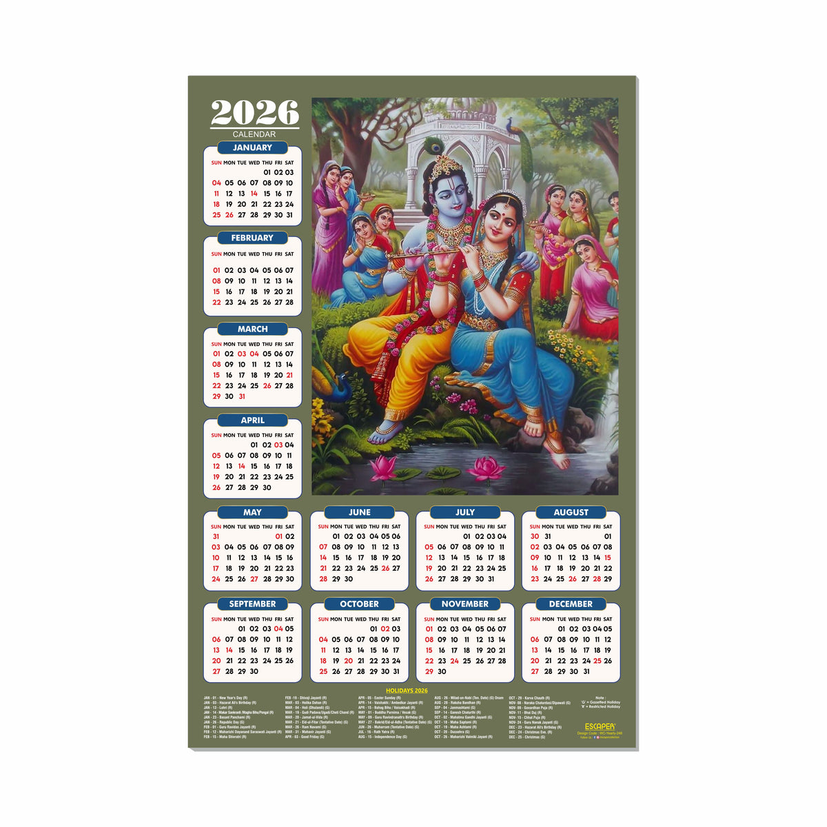 Shree Krishna Wall Calendar 2026 (45 x 30 cm) - Radha Krishna Wall Dec ...