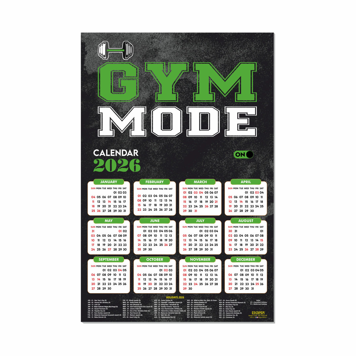 Gym Mode On Gym Wall Calendar 2026 hanging (12 x 18), Wall Calendar 20 ...